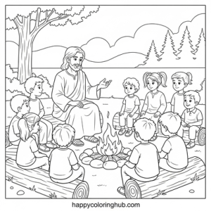Free coloring page of jesus and the children – Happy Coloring Hub ...
