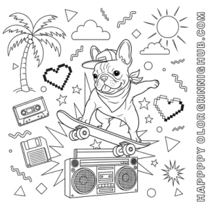 Retro 90s french bulldogs coloring page for stress relief – Happy ...