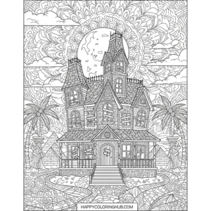 Vaporwave haunted houses coloring page for anxiety relief – Happy ...