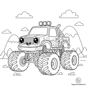 Kawaii monster trucks coloring page for stress relief – Happy Coloring ...